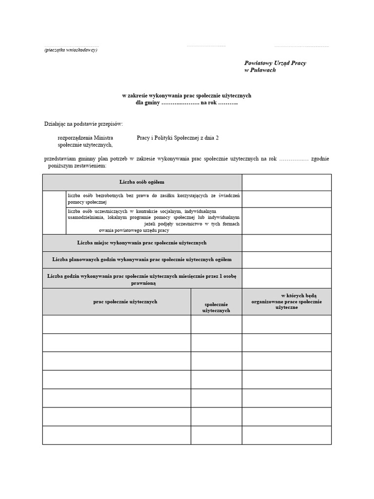 Roczny Plan Potrzeb W Zakresie Wykonywania Prac Społecznie Użytecznych ...