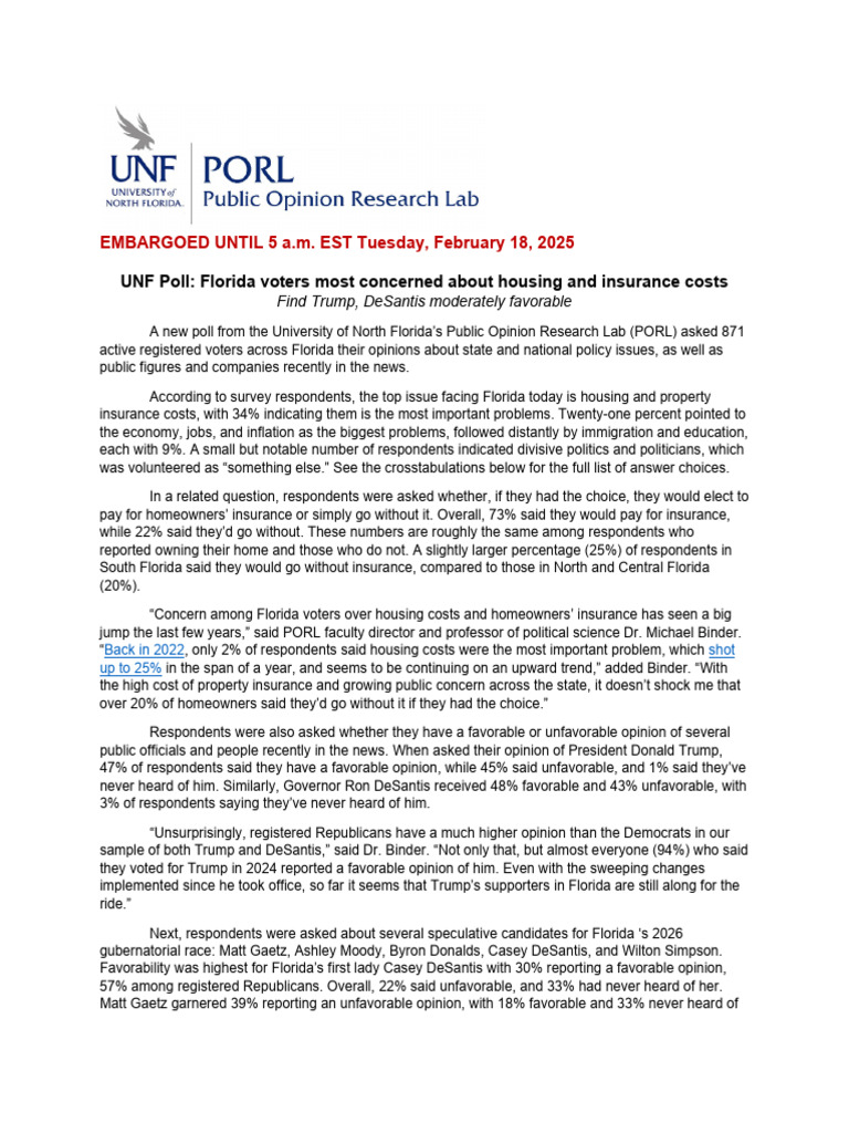 UNF PORL - Spring 2025 Statewide Press Release | PDF | Opinion Poll ...