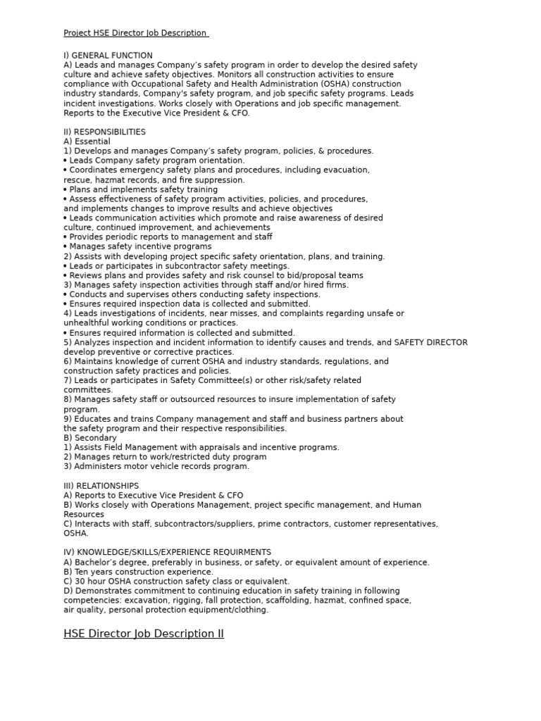 HSE Tiltes Job Description | PDF | Occupational Safety And Health | Safety
