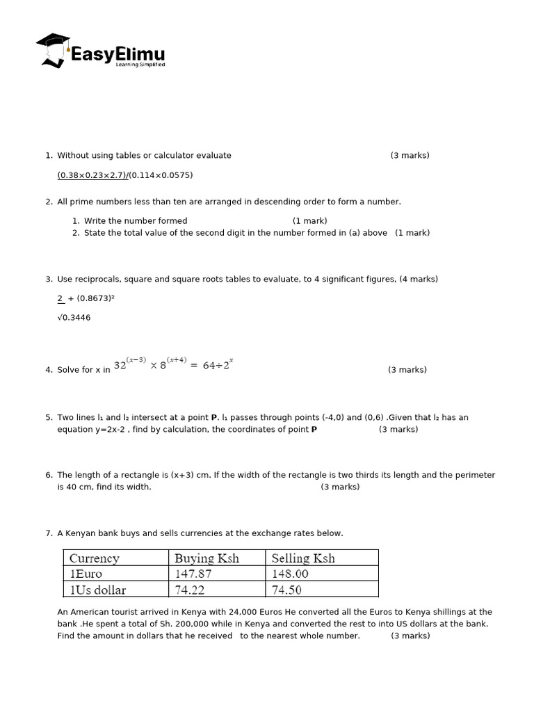 Mathematics Paper 1 - Form 4 Term 1 Opener Exam 2024 Set 1-34 | PDF ...