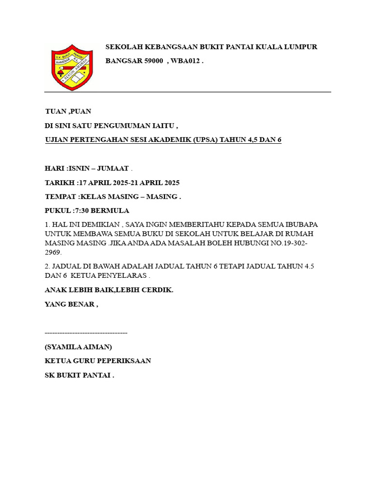 Jadual Upsa Tahun 6 2025-1 | PDF