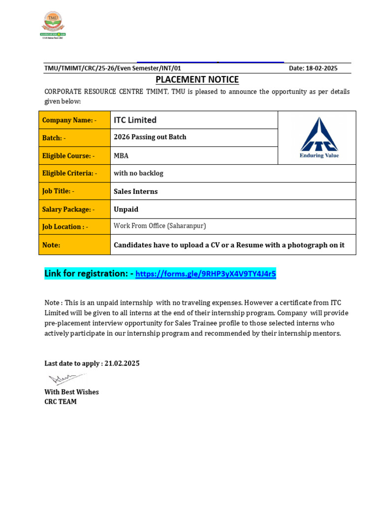 Internship Notice (INT-01) ITC Ltd. | PDF
