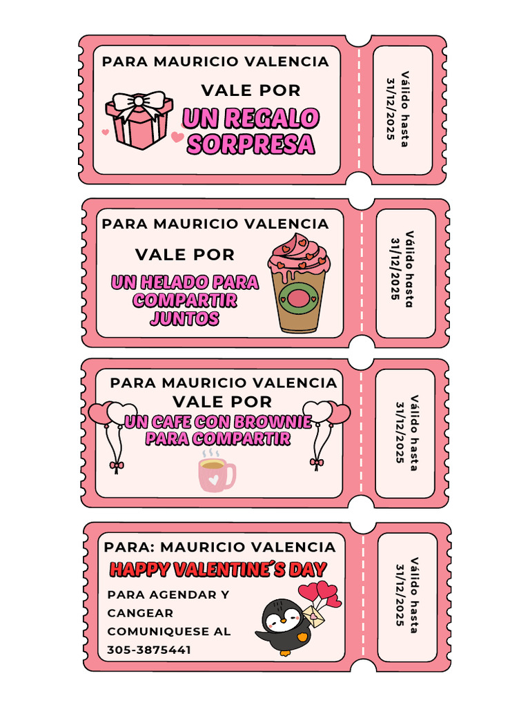 Documento A4 Cupones de Regalo Para San Valentín Ilustrado Rosa y Rojo (2) | PDF