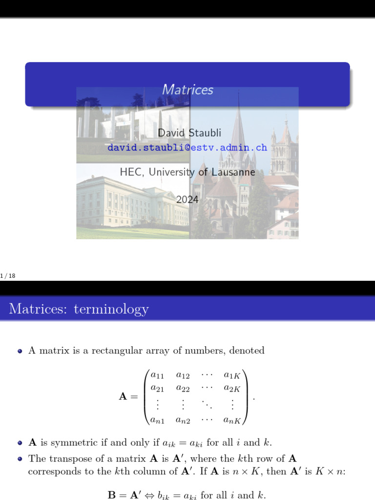 Matrices Lecture - Econometrics - Unil | PDF | Matrix (Mathematics) | Abstract Algebra