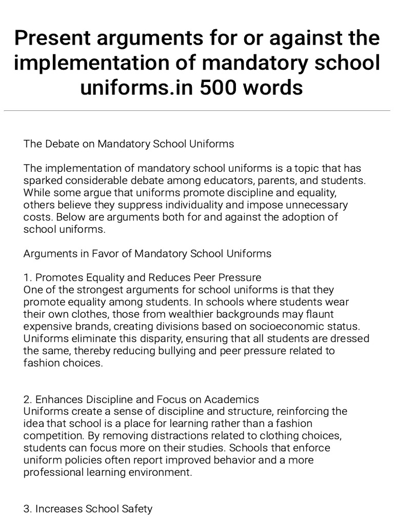 Present Arguments For or Against The Implementation of Mandatory School ...
