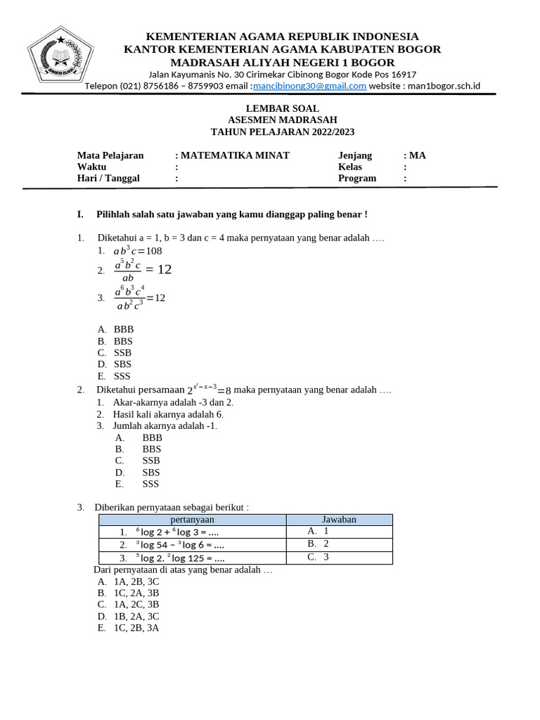Naskah Soal Am MTK Minat 2022-2023 | PDF