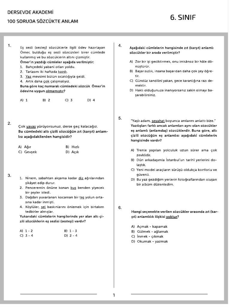 1 Kur 100 Soruda Sözcükte Anlam 6 Sinif | PDF
