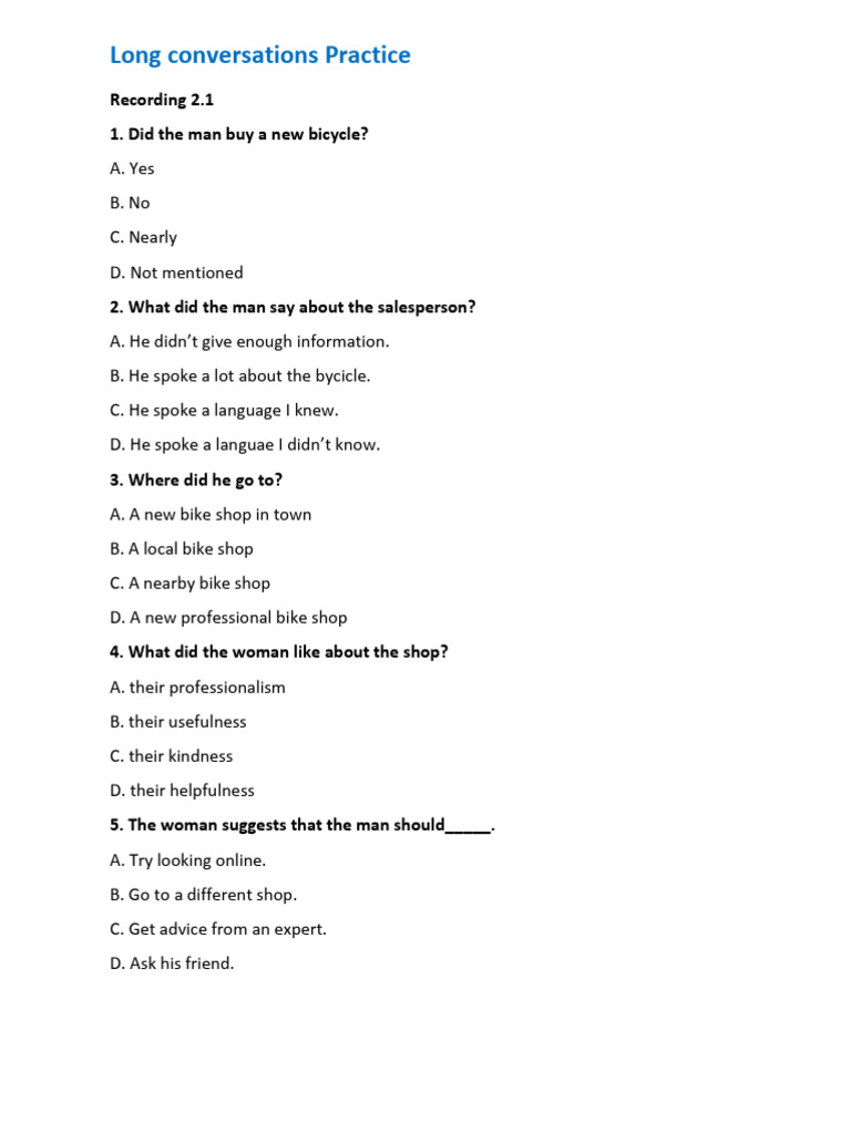 Long Conversations Practice Questions | PDF