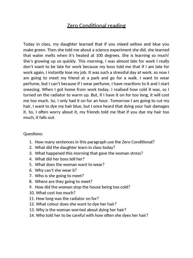 Zero Conditional Reading Comprehension Sheet Reading Comprehension ...