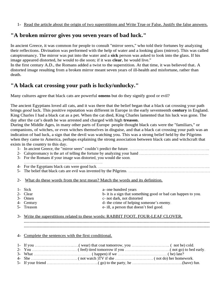 First Conditional Superstitions Reading Comprehension Exercises - 86532 ...