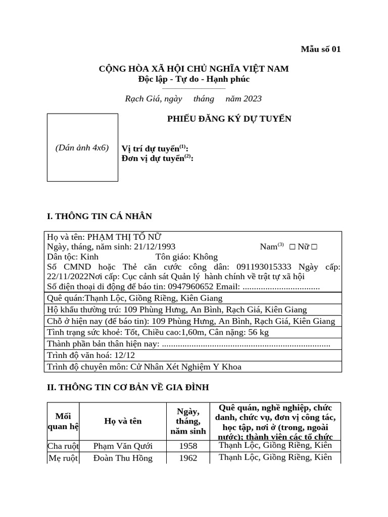 Phieu Dang Ky Du Tuyen Mau So 01 Theo Nghi Dinh 115 - 1982021161018 | PDF