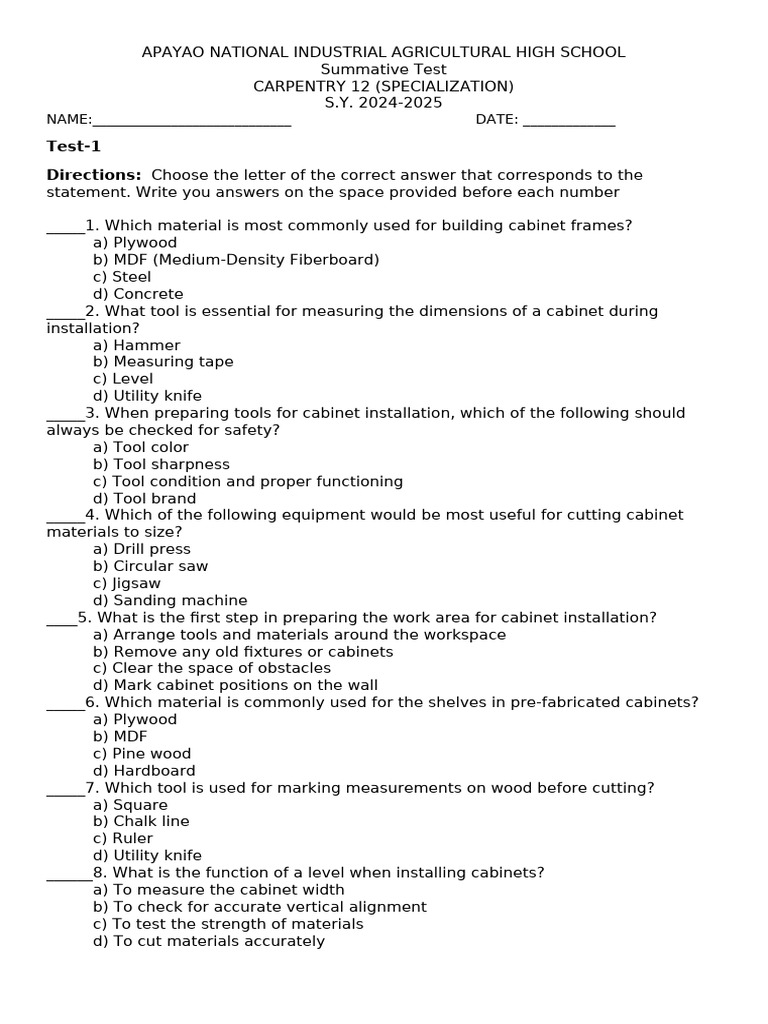 third quarter examination in carpentry 11 with tos | PDF | Cabinetry ...