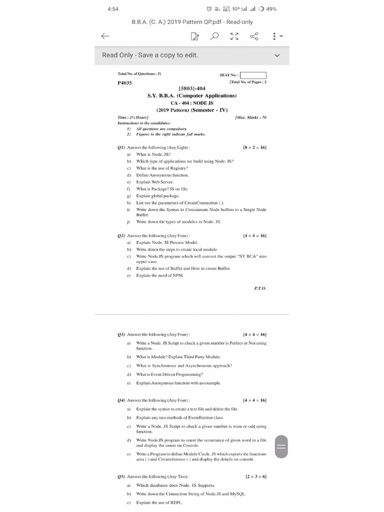 Node Js Question Paper | PDF