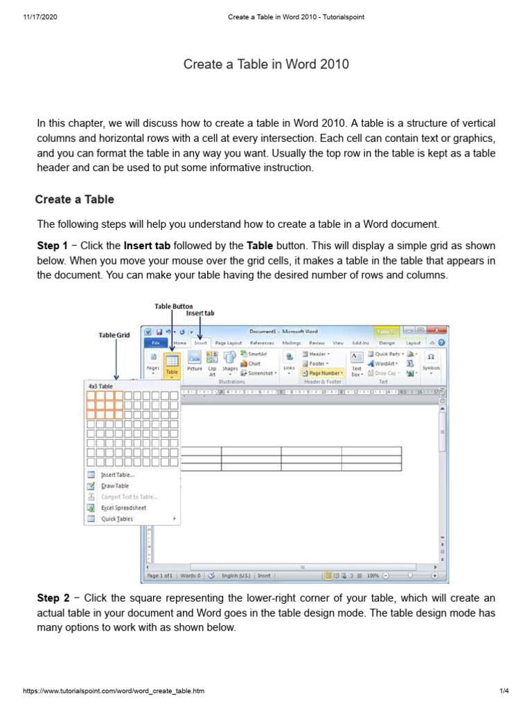 1Create a Table in Word 2010 - Tutorialspoint | PDF | Computing