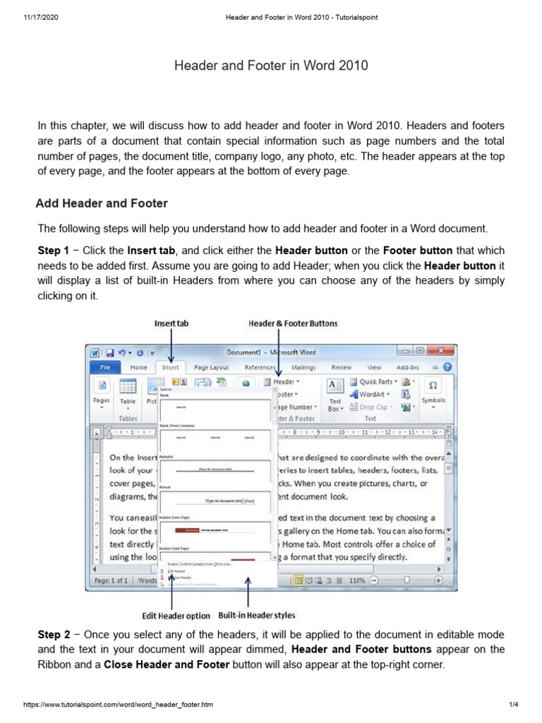 2header and Footer in Word 2010 - Tutorialspoint | PDF | Computing | Software