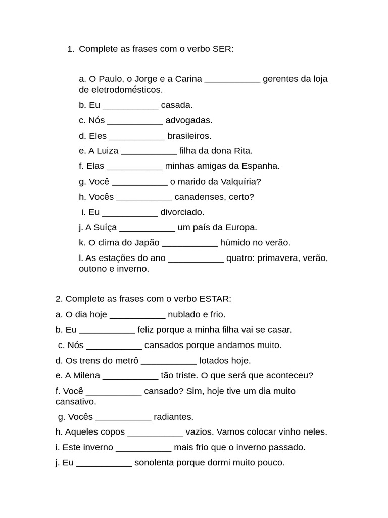 Complete As Frases Com o Verbo SER ESTAR | PDF