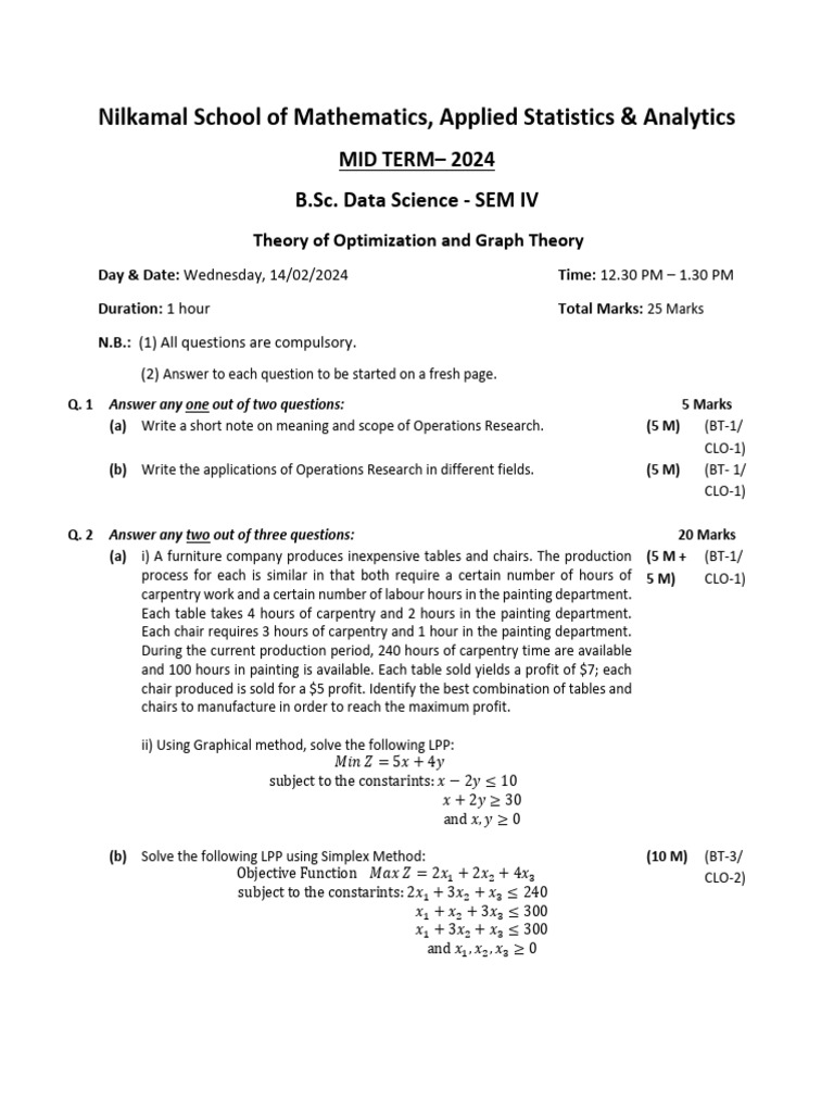 Togt Midterm QP - Ds Sem 4 | PDF | Mathematical Optimization | Operations Research