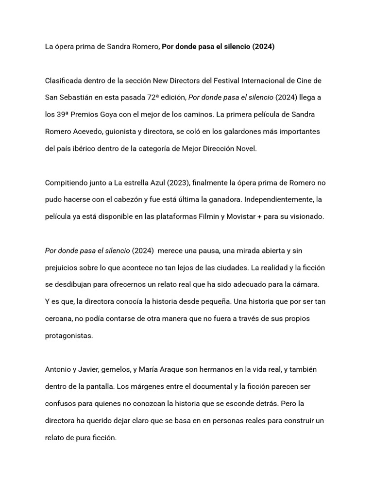 La Ópera Prima de Sandra Romero, Por Donde Pasa El Silencio (2024) | PDF