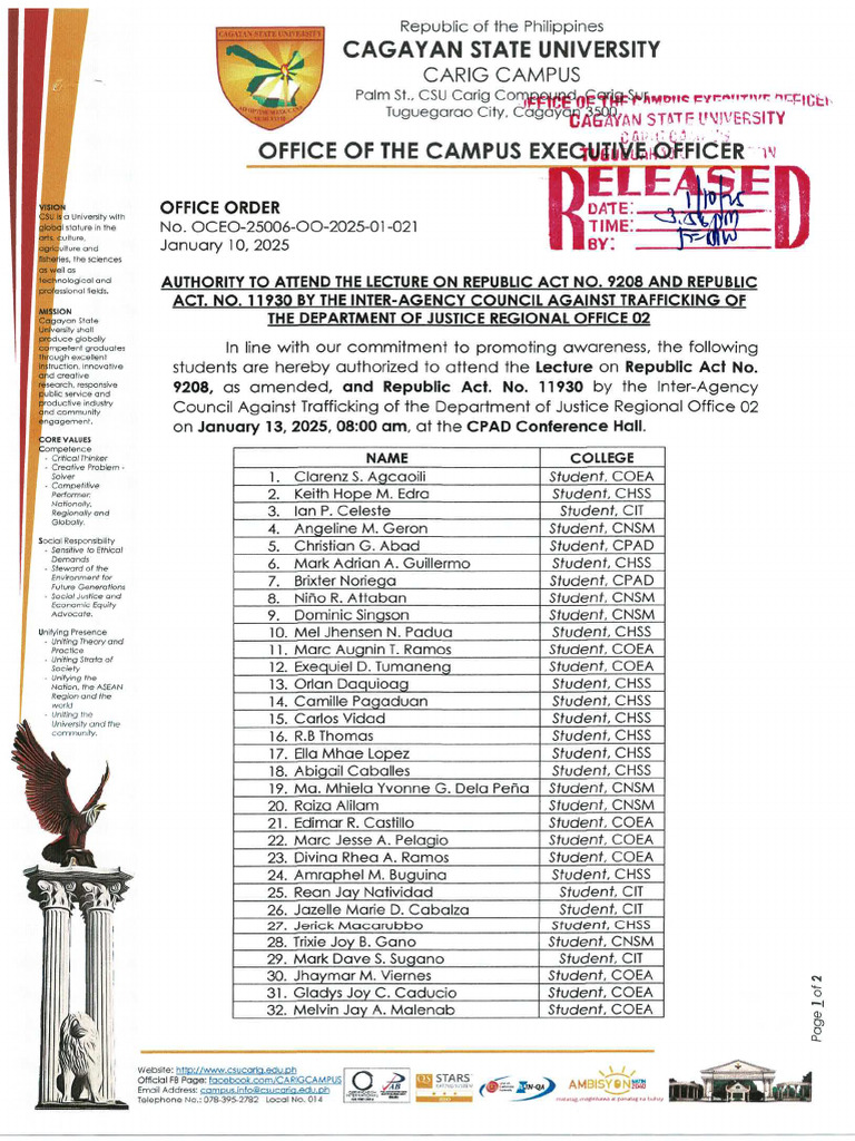 Office Order No. Oceo 25006 Oo 20925 01 021 Authority to Attend the Lecture on Republic Act No ...