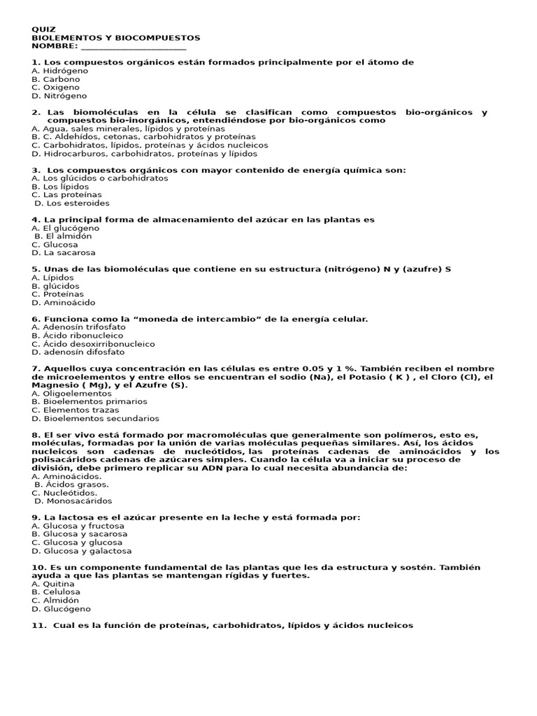 Quiz Biomoleculas - Bioelementos | PDF