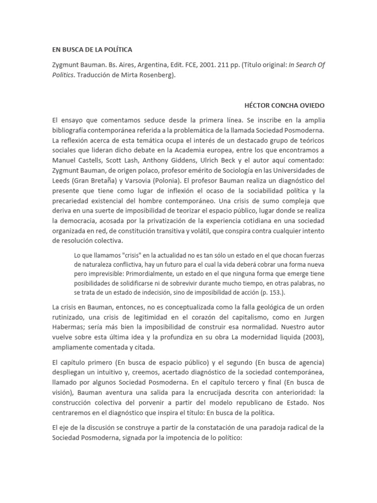 Zygmunt Bauman en Busca de La Pol Tica Rese A H Ctor Concha | PDF | Incertidumbre | Educación en ...