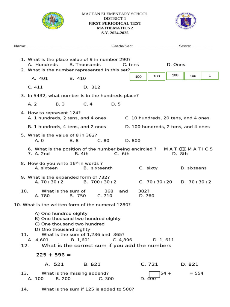 Mactan Elementary School Math Test 2 | PDF | Elementary Mathematics ...