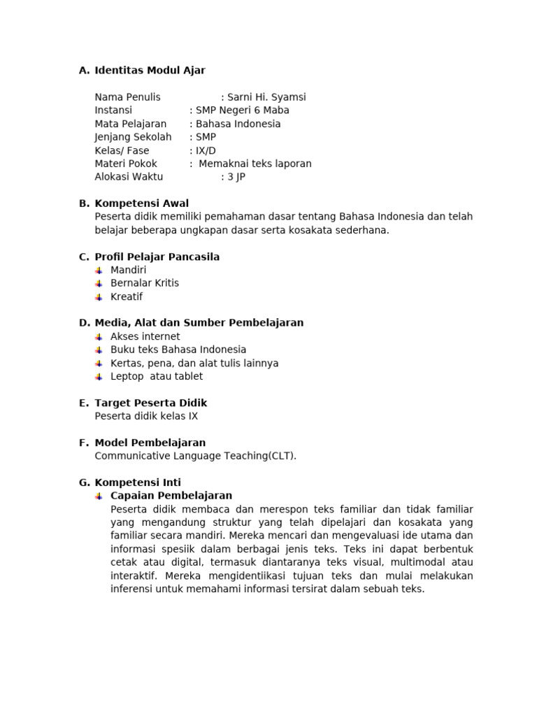 Identitas Modul Ajar Bindo 9 | PDF