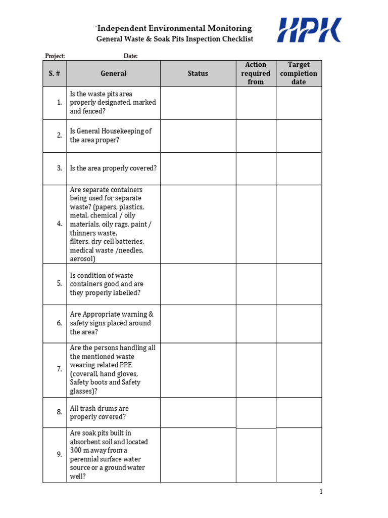 Waste Pits Inspection Checklist | PDF | Waste | Septic Tank
