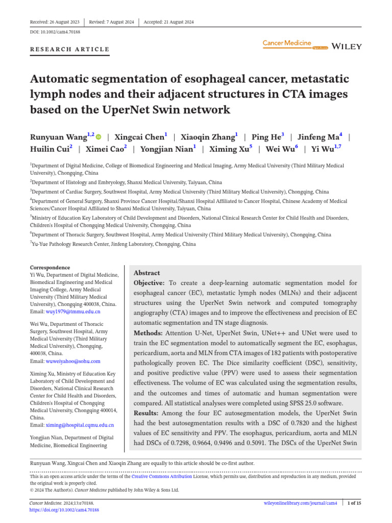Automatic Segmentation of Esophageal Cancer, Metastatic Lymph Nodes and Their Adjacent ...