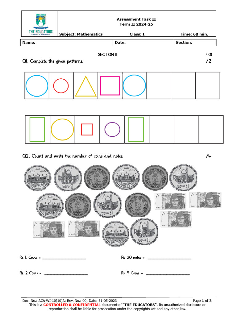 Class 1 Math Term II Task II Section II III | PDF