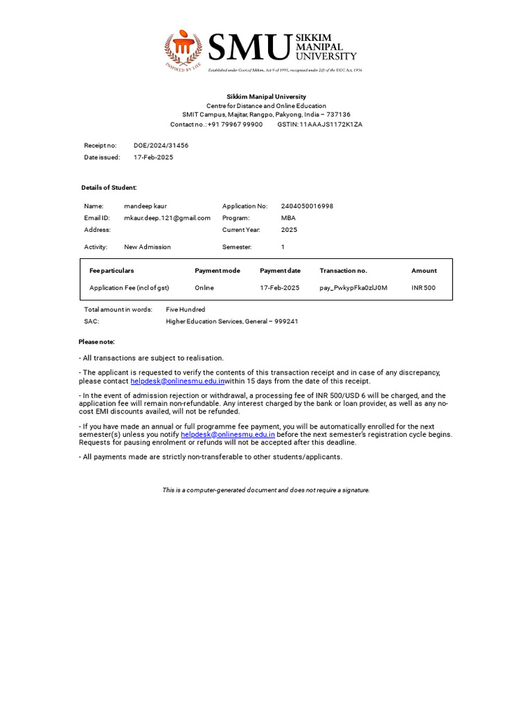 MBA Admission Fee Receipt | PDF