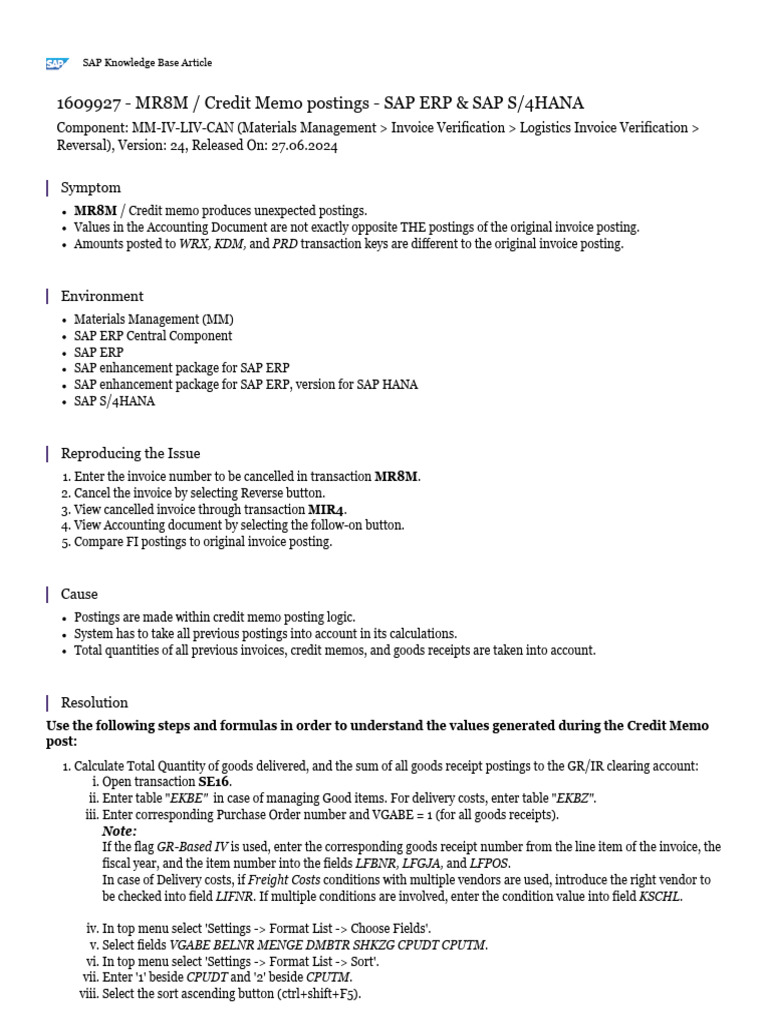 SAP Credit Memo Posting Issues | PDF | Receipt | Spreadsheet