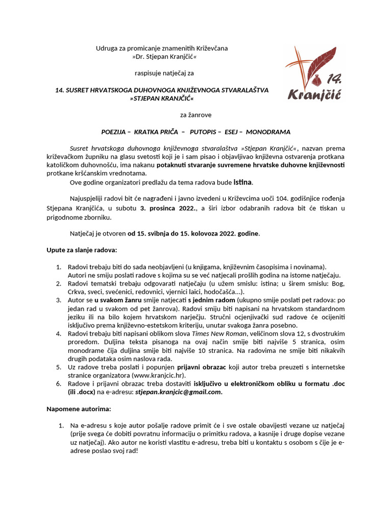 14.-Knjizevni-Kranjcic-2022.-TEKST-NATJECAJA | PDF