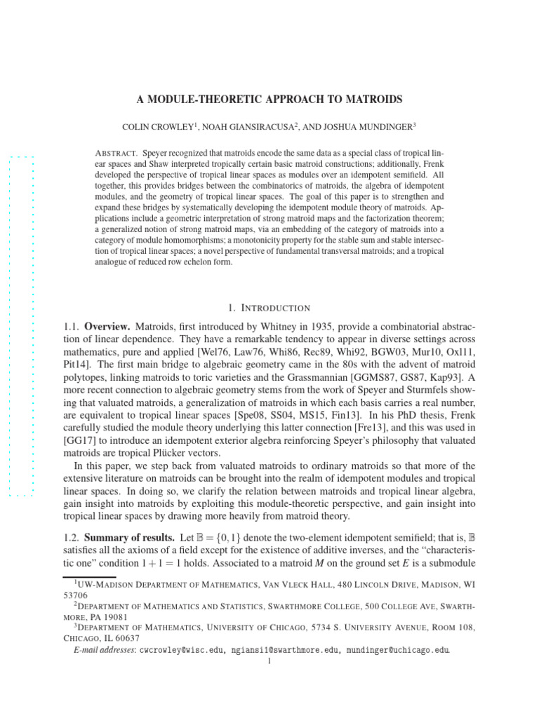 A Module Theoretic Approach To Matroids | PDF | Module (Mathematics) | Vector Space