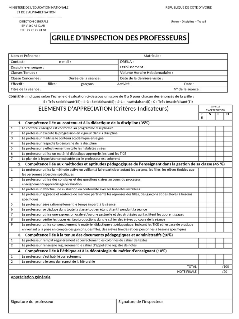 GRILLE D'INSPECTION DE LA CND | PDF | Pédagogie | Apprentissage