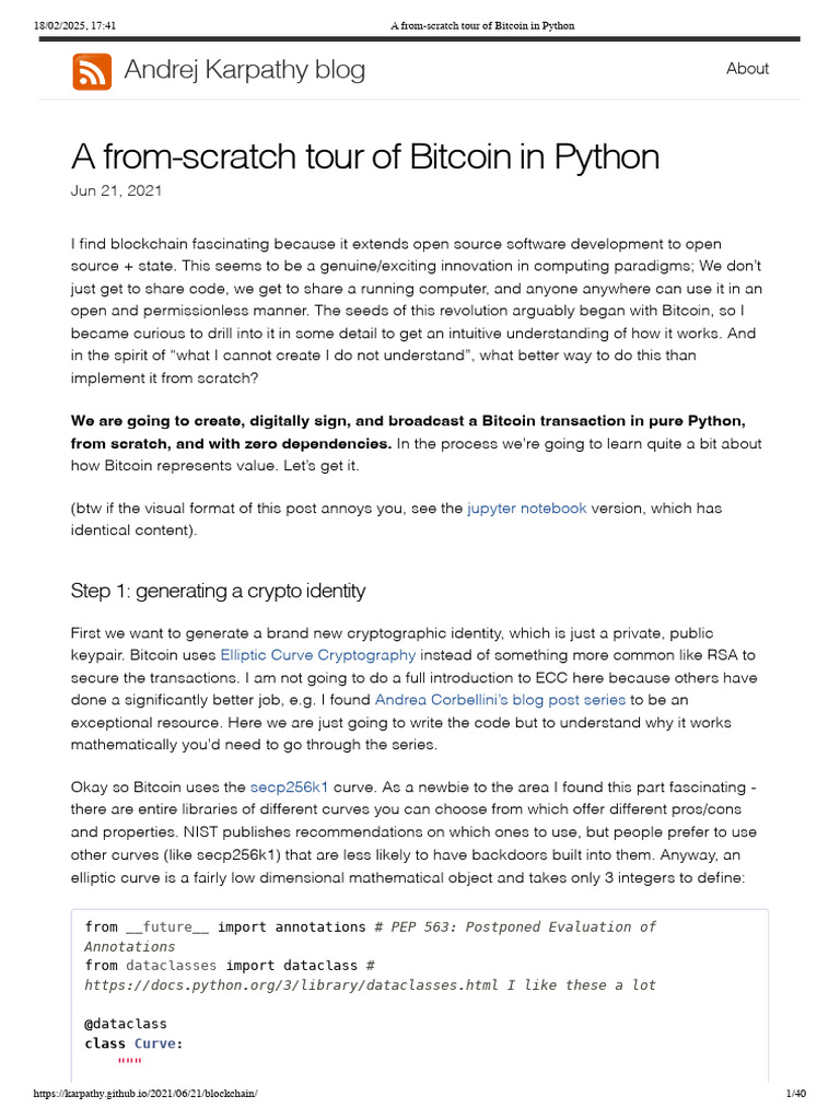 A From-Scratch Tour of Bitcoin in Python Karpathhy | PDF | Secure ...