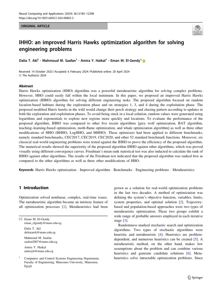 IHHO: An Improved Harris Hawks Optimization Algorithm For Solving Engineering Problems | PDF ...