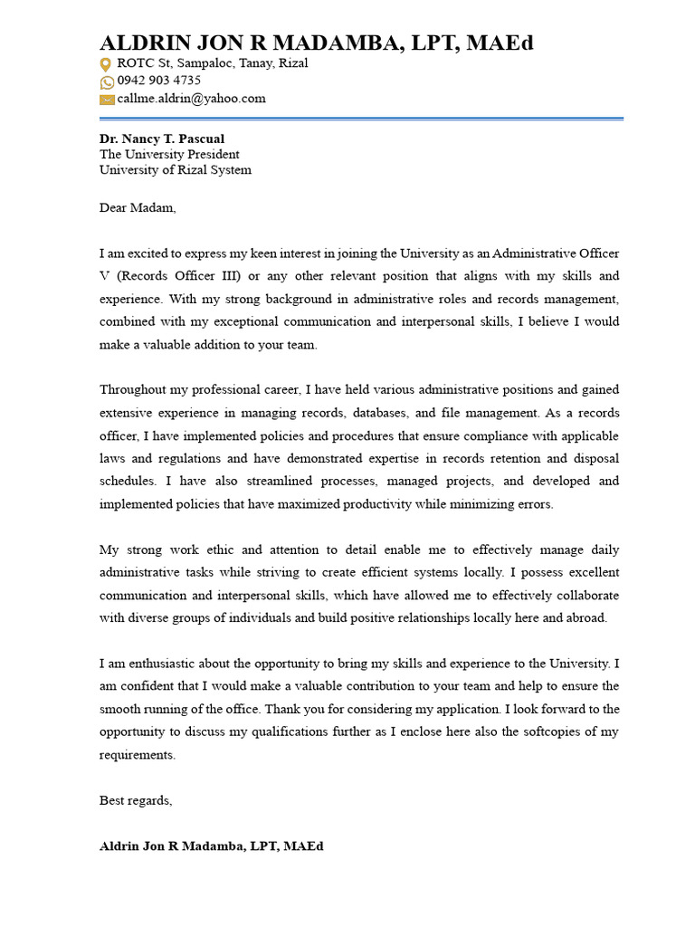 Aldrin Jon R Madamba, Cover Letter, Urs | PDF
