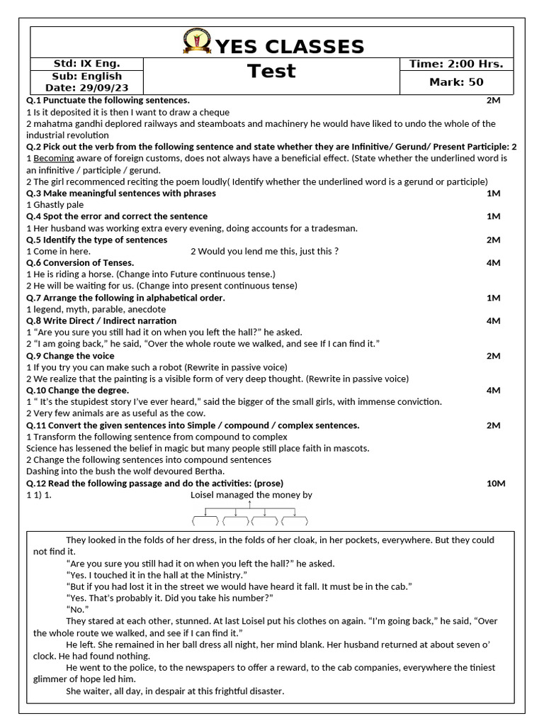 9th State English Test Paper 29-09-2023 | PDF | Semantic Units ...