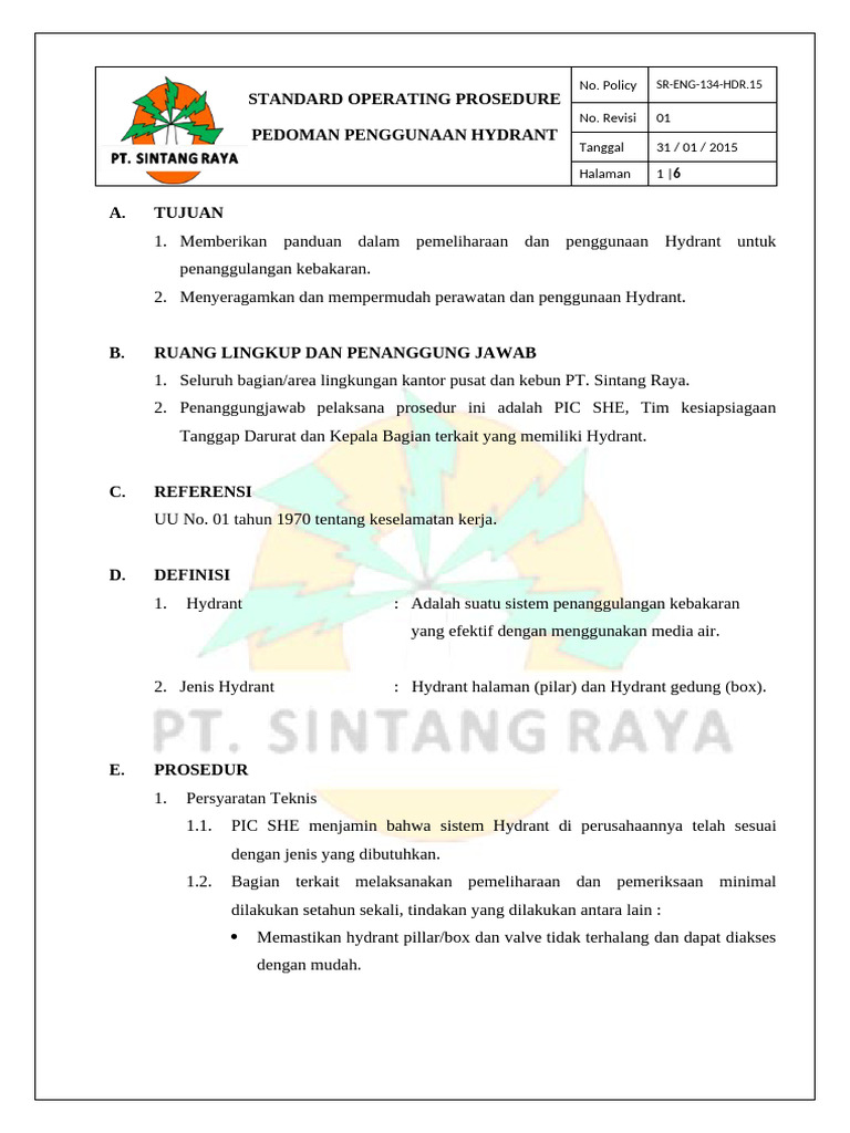 Sop Pt. SR - Pedoman Penggunaan Hydrant | PDF