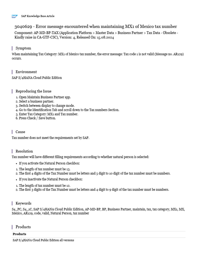 Error Message Encountered When Maintaining MX1 of Mexico Tax Number | PDF