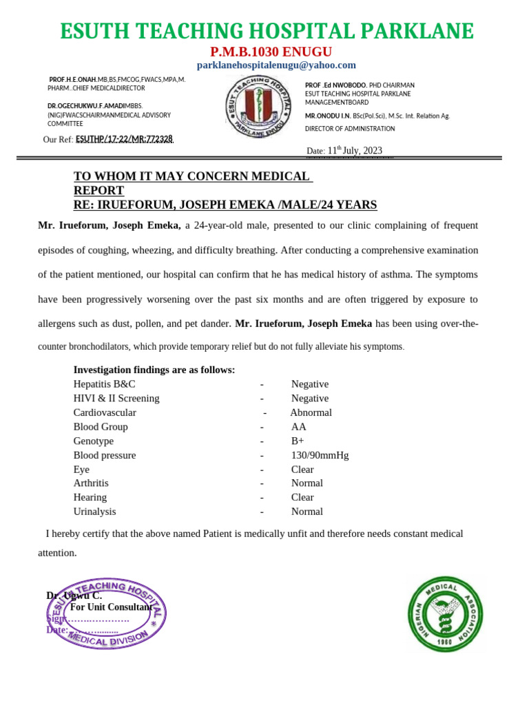Esut Medical Report Joseph | PDF | Medical Specialties | Diseases And ...