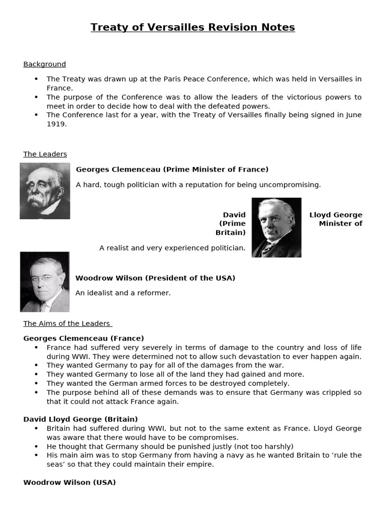 Treaty of Versailles Revision Notes | PDF | Treaty Of Versailles ...