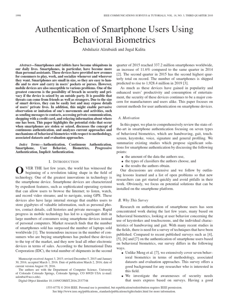 Authentication of Smartphone Users Using | PDF | Authentication | Biometrics