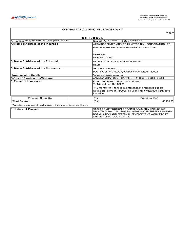 CAR Policy | PDF | Insurance | Indemnity