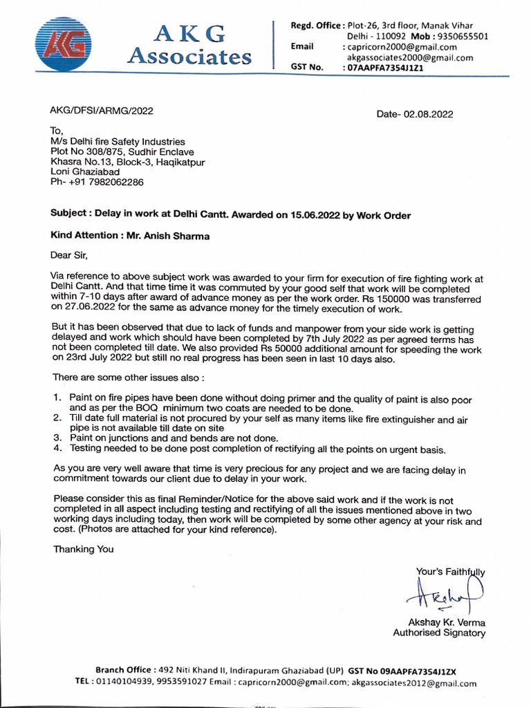 Notice For Delay in Work | PDF