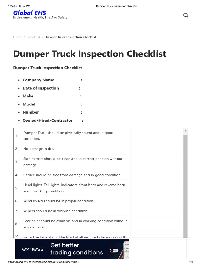 Dumper Truck Inspection Checklist | PDF | Truck | Safety