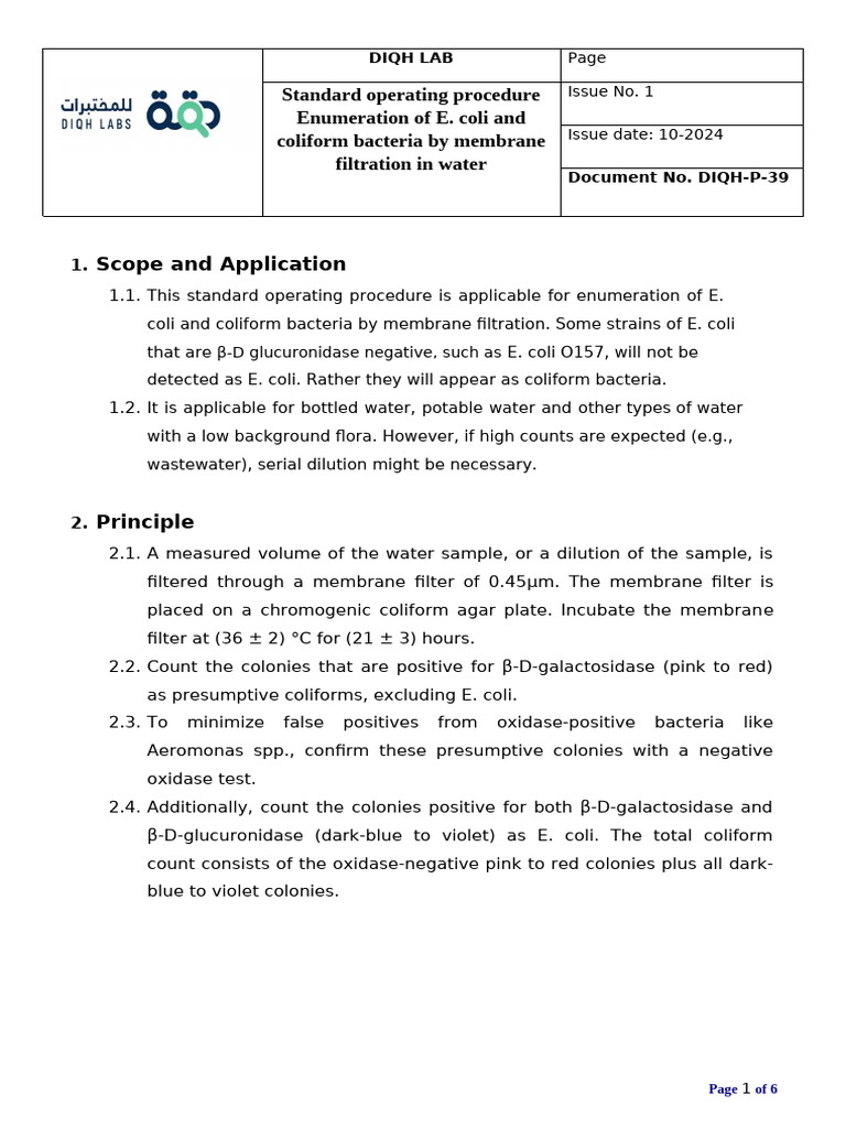 E. coli and Coliform Enumeration SOP | PDF | Colony Forming Unit ...