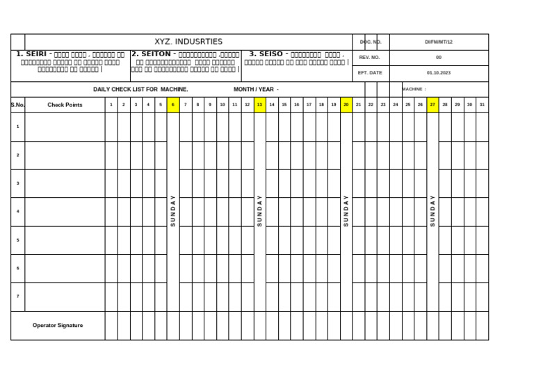 Daily Check List for Machinee | PDF
