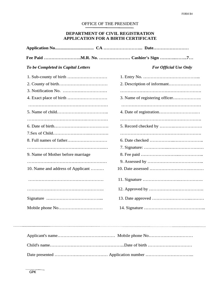 Kenya Birth ApplicationBirthCertificate Form-B4 | PDF